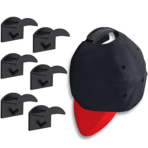 Adhesive Hat Hooks for Wall - 6 Pack, No Drilling Design, Multi Purpose Strong Hold Hat Hangers for Door, Wardrobe, Bedroom, Office - Black