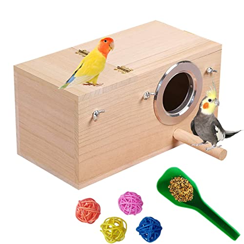 kathson Parrot Nest Box,Parakeet Nesting Boxes,Pet Bird Mating Breeding Wood House with Feeding Spoon 4 Toys Balls for Lovebirds Budgerigar Canary Cockatiel Small Birds (6 PCS)