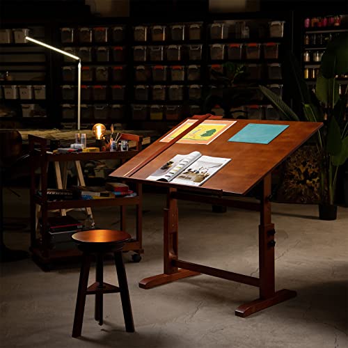 MEEDEN Extra Large Wood Drafting Table, Artist Drawing Table with Height Adjustable, Tilting Enlarge Tabletop & T-Square Ruler, Studio Painting Table & Art Craft Desk for Writing, Walnut Color