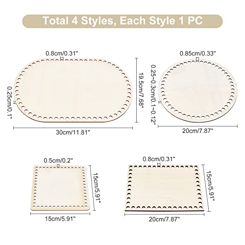 CHGCRAFT 4Pcs 4 Style Natural Wooden Basket Bottom Crocheting Rectangle Oval Flat Round Square Wood Base Bottom Shaper for Making Knitting Crochet Yarn Storage Bag