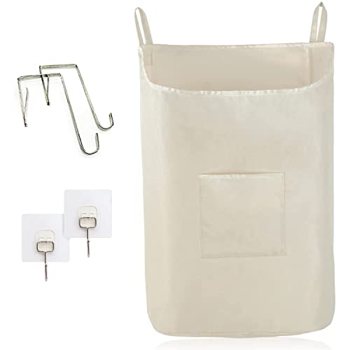 The Fine Living Co. Hanging Laundry Hamper with Over Door Hooks & Adhesive, Durable Space Saving Laundry Bag with Zipper and Wide Open Top, Hanging Dorm Laundry Hamper 20"x3.38"x28" (Beige-L)