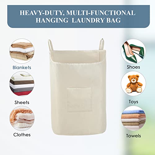 The Fine Living Co. Hanging Laundry Hamper with Over Door Hooks & Adhesive, Durable Space Saving Laundry Bag with Zipper and Wide Open Top, Hanging Dorm Laundry Hamper 20"x3.38"x28" (Beige-L)