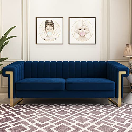 FHDLDS 84 Inch Chesterfield Sofa Mid-Century Modern Velvet Sofa with Flared Arms and Removable Cushions, Upholstered Couch with Stainless Steel Base, Loveseat for Living Room Bedroom Apartment, Blue