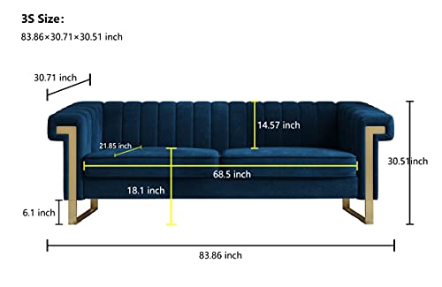 FHDLDS 84 Inch Chesterfield Sofa Mid-Century Modern Velvet Sofa with Flared Arms and Removable Cushions, Upholstered Couch with Stainless Steel Base, Loveseat for Living Room Bedroom Apartment, Blue