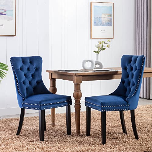 Virabit Blue Dining Chairs Set of 4, Velvet Tufted Dining Chairs with Nailhead Back and Ring Pull Trim, Upholstered Dining Chairs for Kitchen/Bedroom/Dining Room