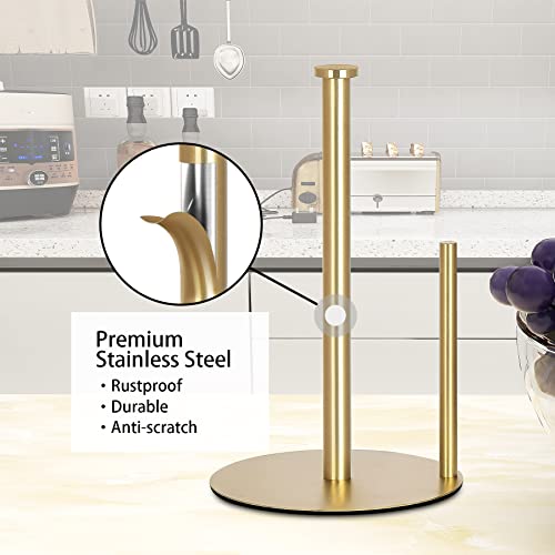 Gold Paper Towel Holder Countertop, OBODING, Gold Kitchen Paper Towel Holder Stand for Kitchen and Bathroom Organization, Stainless Steel Paper Towel Holders for Standard and Large Rolls (Golden)