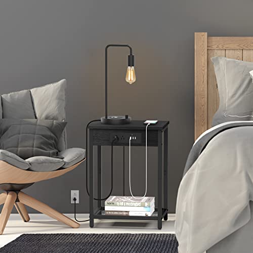 Nightstand with Charging Station Set of 2 Side End Table with USB Ports and Power Outlets 2-Tier Bedside Table for Bedroom Living Room, Modern Black