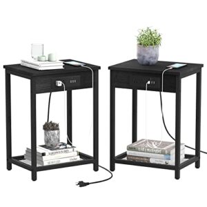 nightstand with charging station set of 2 side end table with usb ports and power outlets 2-tier bedside table for bedroom living room, modern black