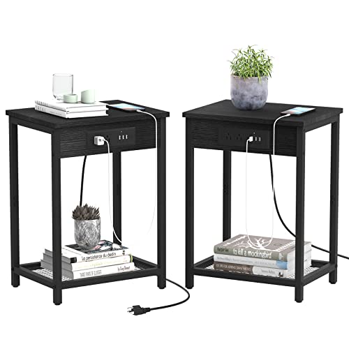 Nightstand with Charging Station Set of 2 Side End Table with USB Ports and Power Outlets 2-Tier Bedside Table for Bedroom Living Room, Modern Black