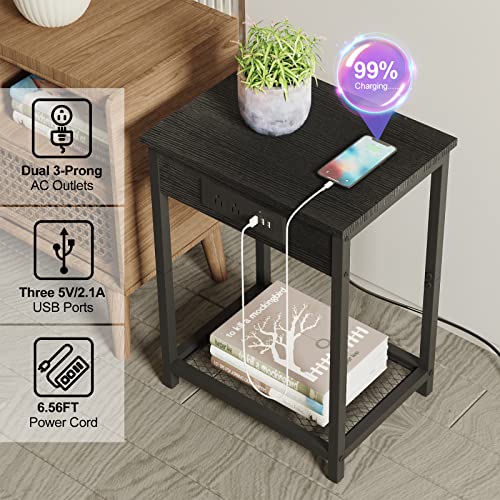 Nightstand with Charging Station Set of 2 Side End Table with USB Ports and Power Outlets 2-Tier Bedside Table for Bedroom Living Room, Modern Black