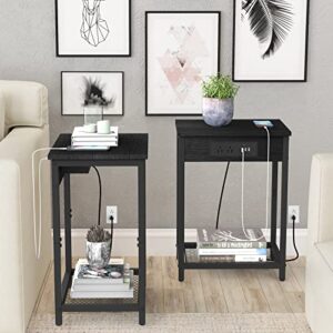 Nightstand with Charging Station Set of 2 Side End Table with USB Ports and Power Outlets 2-Tier Bedside Table for Bedroom Living Room, Modern Black