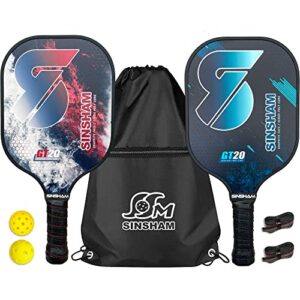 sinsham pickleball paddles,pickleball paddles set of 2,graphite surface,polypropylene honeycomb core,cushion grip,lightweight pickleball,1 portable drawstring bag,2 balls,2 replacement soft grips