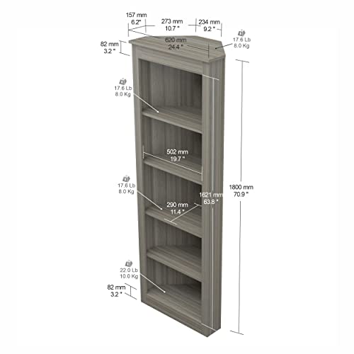 Inval 71" 5-Shelf Corner Bookcase, Gray Smoke Oak