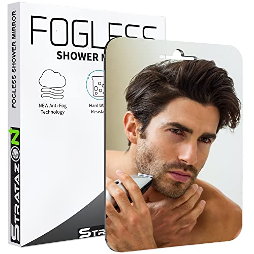 Stratazon Shower Mirror Fogless for Shaving, New Anti-Fog Replaceable Shields, Hard Water Resistant, 3m Razor/Mirror Hook, Ultra Suction, Easy Install, Shower Mirror, Large (7x10)