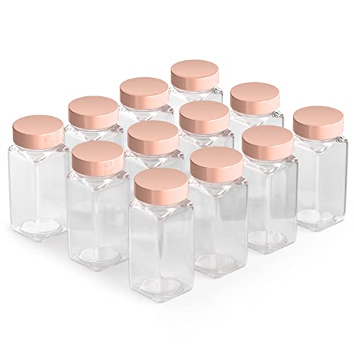 Tafts SQUARE Glass Spice Jars & Bottles l 33% Thicker - 12 Pcs Glass Spice - 3 oz or 4oz Empty Glass Spice Seasoning Containers l Shaker Lids and Airtight Caps l Aluminum Finish (Square, Rose Gold)