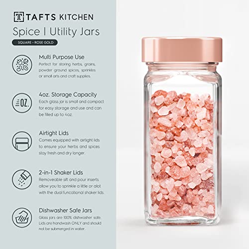 Tafts SQUARE Glass Spice Jars & Bottles l 33% Thicker - 12 Pcs Glass Spice - 3 oz or 4oz Empty Glass Spice Seasoning Containers l Shaker Lids and Airtight Caps l Aluminum Finish (Square, Rose Gold)