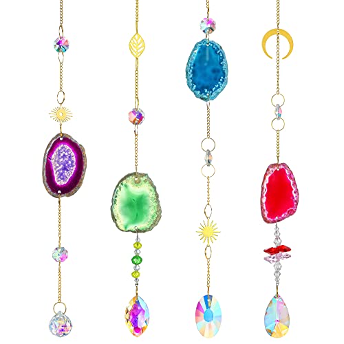 4pcs Natural Agate Slice Suncatchers AB Coating Crystal Prisms Wind Chimes Ornaments Rainbow Maker Hanging Pendant for Window Home Garden Decor