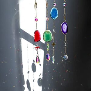 4pcs Natural Agate Slice Suncatchers AB Coating Crystal Prisms Wind Chimes Ornaments Rainbow Maker Hanging Pendant for Window Home Garden Decor