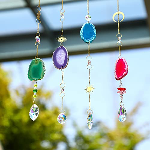 4pcs Natural Agate Slice Suncatchers AB Coating Crystal Prisms Wind Chimes Ornaments Rainbow Maker Hanging Pendant for Window Home Garden Decor