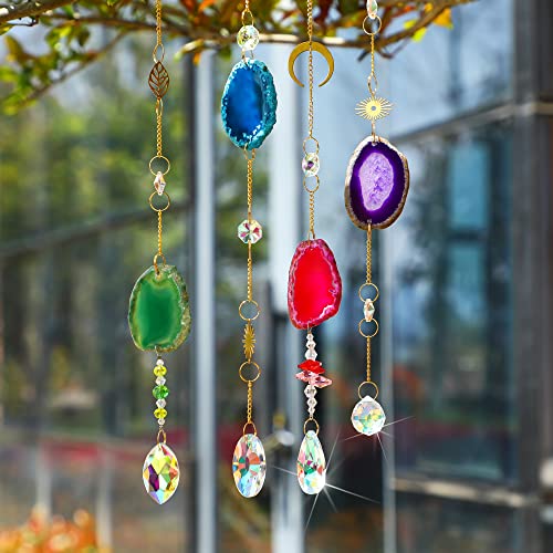 4pcs Natural Agate Slice Suncatchers AB Coating Crystal Prisms Wind Chimes Ornaments Rainbow Maker Hanging Pendant for Window Home Garden Decor