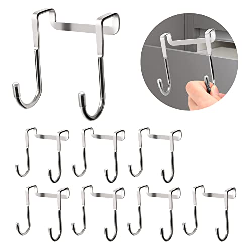 Tinfol Over Door Hook, 8pc Over Cabinet Towel Hook, Stainless Steel Adjustable Double Hook for Kitchen, Closet, Cabinet, Cupboard, Drawer, Wardrobe, Office (Silver)