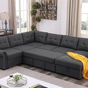 Springfavor 6 Seat Pull Out Couch Sectional Couches for Living Room with Storage Chaise Lounge, U-Shaped Modern Sofas & Couches with Nail for Department/Home/Office