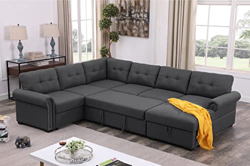 Springfavor 6 Seat Pull Out Couch Sectional Couches for Living Room with Storage Chaise Lounge, U-Shaped Modern Sofas & Couches with Nail for Department/Home/Office