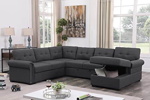 Springfavor 6 Seat Pull Out Couch Sectional Couches for Living Room with Storage Chaise Lounge, U-Shaped Modern Sofas & Couches with Nail for Department/Home/Office