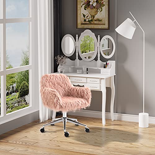 Vinsetto Faux Fur Desk Chair, Swivel Vanity Chair with Adjustable Height and Wheels for Office, Bedroom, Pink