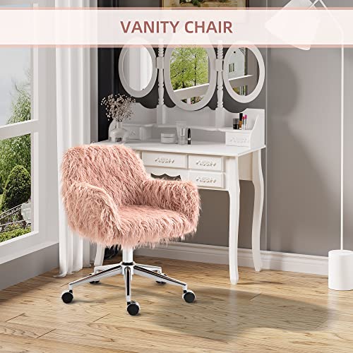 Vinsetto Faux Fur Desk Chair, Swivel Vanity Chair with Adjustable Height and Wheels for Office, Bedroom, Pink