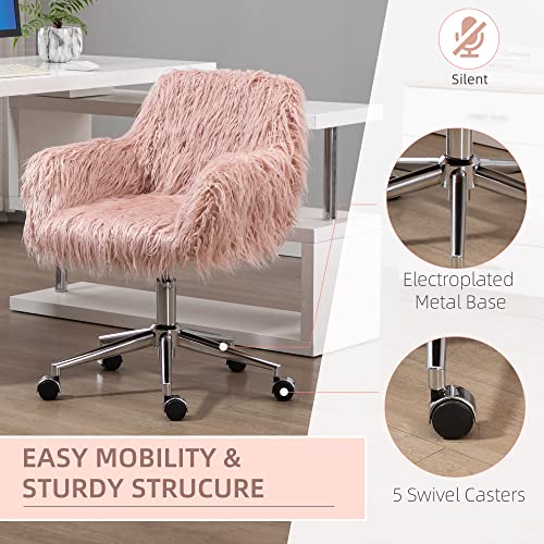 Vinsetto Faux Fur Desk Chair, Swivel Vanity Chair with Adjustable Height and Wheels for Office, Bedroom, Pink