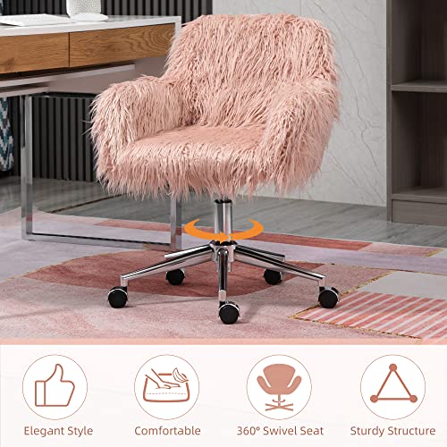 Vinsetto Faux Fur Desk Chair, Swivel Vanity Chair with Adjustable Height and Wheels for Office, Bedroom, Pink