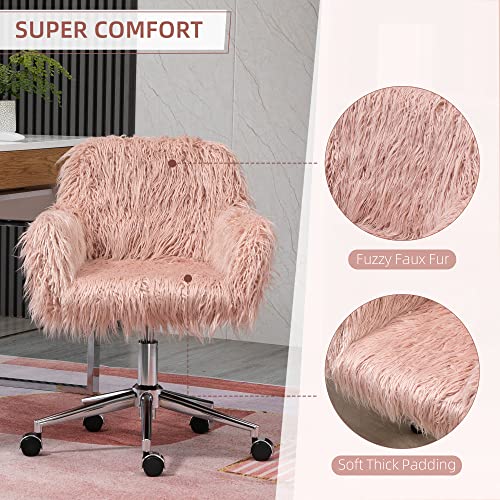 Vinsetto Faux Fur Desk Chair, Swivel Vanity Chair with Adjustable Height and Wheels for Office, Bedroom, Pink