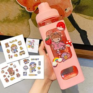 24 oz kawaii water bottle with straw stickers cute girls kids water bottles with adjustable shoulder strap & 3d stickers, bpa free square drinking bottle leakproof water jug for school (pink - 24oz)