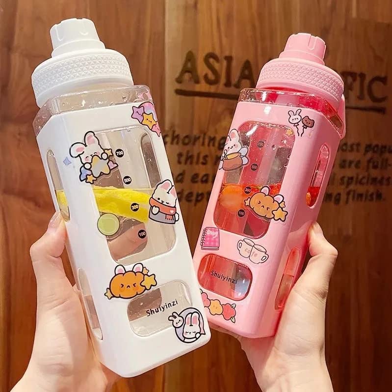 24 OZ Kawaii Water Bottle with Straw Stickers Cute Girls Kids Water Bottles with Adjustable Shoulder Strap & 3D Stickers, BPA Free Square Drinking Bottle Leakproof Water Jug for School (Pink - 24oz)