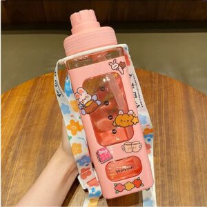 24 OZ Kawaii Water Bottle with Straw Stickers Cute Girls Kids Water Bottles with Adjustable Shoulder Strap & 3D Stickers, BPA Free Square Drinking Bottle Leakproof Water Jug for School (Pink - 24oz)