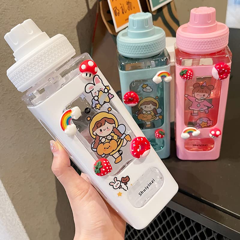 24 OZ Kawaii Water Bottle with Straw Stickers Cute Girls Kids Water Bottles with Adjustable Shoulder Strap & 3D Stickers, BPA Free Square Drinking Bottle Leakproof Water Jug for School (Pink - 24oz)