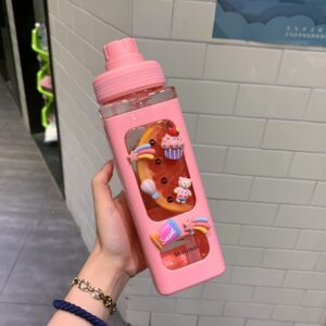 24 OZ Kawaii Water Bottle with Straw Stickers Cute Girls Kids Water Bottles with Adjustable Shoulder Strap & 3D Stickers, BPA Free Square Drinking Bottle Leakproof Water Jug for School (Pink - 24oz)