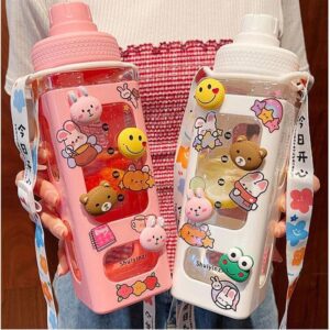 24 OZ Kawaii Water Bottle with Straw Stickers Cute Girls Kids Water Bottles with Adjustable Shoulder Strap & 3D Stickers, BPA Free Square Drinking Bottle Leakproof Water Jug for School (Pink - 24oz)