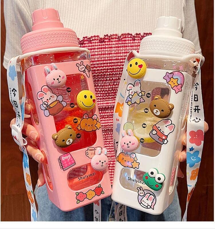 24 OZ Kawaii Water Bottle with Straw Stickers Cute Girls Kids Water Bottles with Adjustable Shoulder Strap & 3D Stickers, BPA Free Square Drinking Bottle Leakproof Water Jug for School (Pink - 24oz)