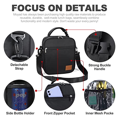 Moyad Lunch Box for Men Women - Reusable Slim Lunch Bag with Shoulder Strap Insulated Lunchbox Loncheras Para Hombres - Black