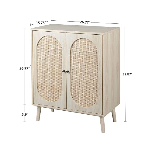 Rattan 2 Doors Buffet Sideboard Cabinet, 2 Tier Adjustable Shelves Accent Cabinet, Free Standing Console Table Sideboard Buffet Cabinet for Entryway Kitchen Dining Room, Natural