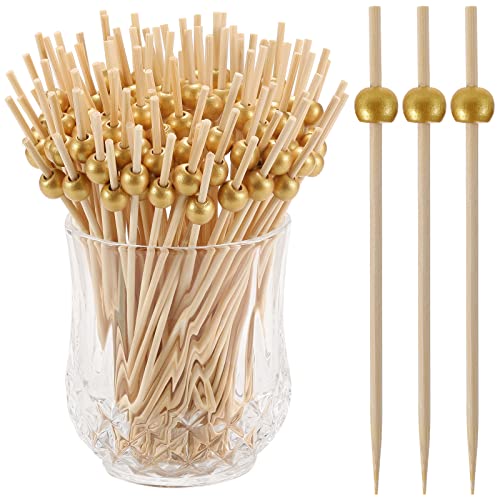 200 Pcs Cocktail Picks, 4.7 Inch Toothpicks for Appetizers, Bamboo Cocktail Sticks Skewers for Drinks, Desserts, Charcuterie, Wedding Party Fancy Toothpicks, Gold Pearl Mini Food Picks Decorative