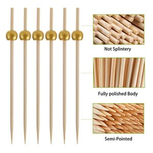 200 Pcs Cocktail Picks, 4.7 Inch Toothpicks for Appetizers, Bamboo Cocktail Sticks Skewers for Drinks, Desserts, Charcuterie, Wedding Party Fancy Toothpicks, Gold Pearl Mini Food Picks Decorative