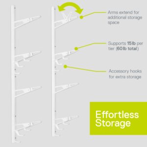 4-Tier Snowboard Wall Mount Rack by Delta Cycle - Extendable Ski Rack Wall Shelf with Integrated Accessory Hooks for Helmets and Poles - Space-Saving Storage, Durable Design - Hardware Included