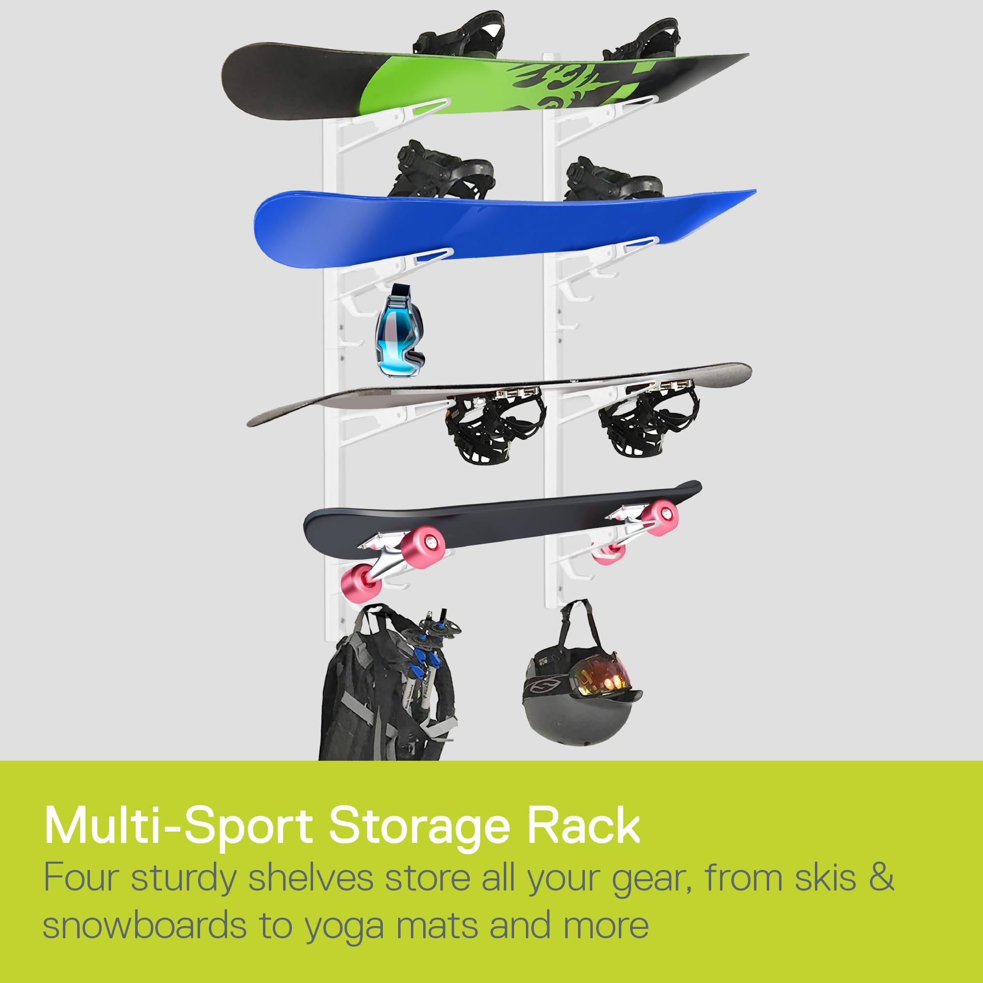 4-Tier Snowboard Wall Mount Rack by Delta Cycle - Extendable Ski Rack Wall Shelf with Integrated Accessory Hooks for Helmets and Poles - Space-Saving Storage, Durable Design - Hardware Included