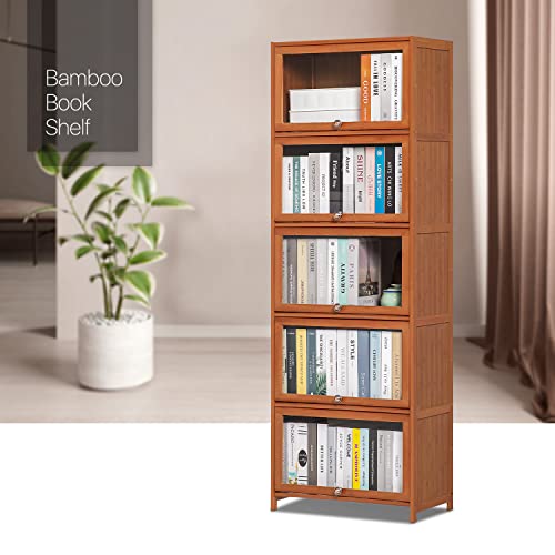 MoNiBloom Tall Narrow Bookcase with Acrylic Doors 5 Tier Free Standing Book Shelf Storage Organizer Save Space for Living Room Office, Brown