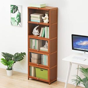 MoNiBloom Tall Narrow Bookcase with Acrylic Doors 5 Tier Free Standing Book Shelf Storage Organizer Save Space for Living Room Office, Brown