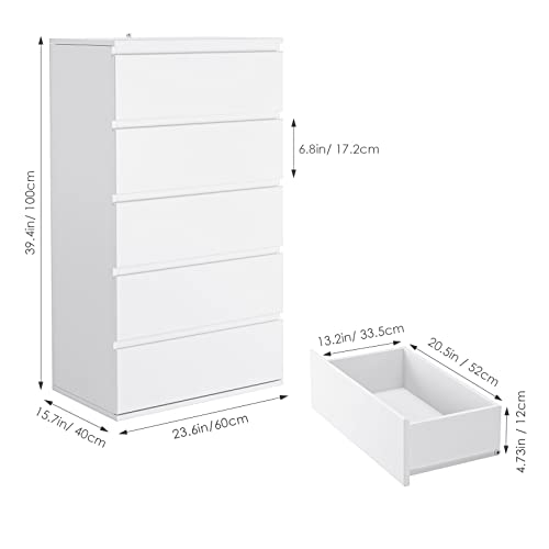 FOTOSOK 5 Drawer Dresser, Modern Storage Chest of Drawer with Large Storage Space, 23.6L x 15.7W x 39.4H Inch Bedroom Tall Nightstand Clothing Organizer Cabinet, White