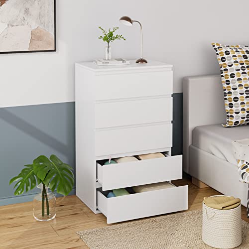 FOTOSOK 5 Drawer Dresser, Modern Storage Chest of Drawer with Large Storage Space, 23.6L x 15.7W x 39.4H Inch Bedroom Tall Nightstand Clothing Organizer Cabinet, White